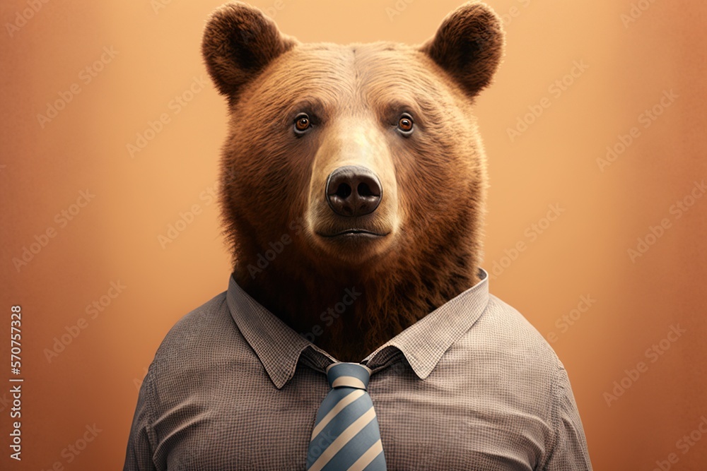 Studio photo portrait of a bear in business clothes on colored ...