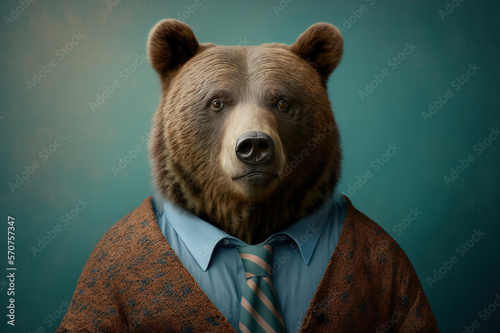 Studio photo portrait of a bear in business clothes on colored ...
