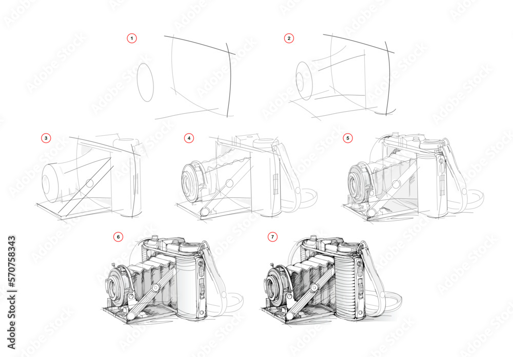Page shows how to learn to draw sketch of old camera. Pencil drawing ...