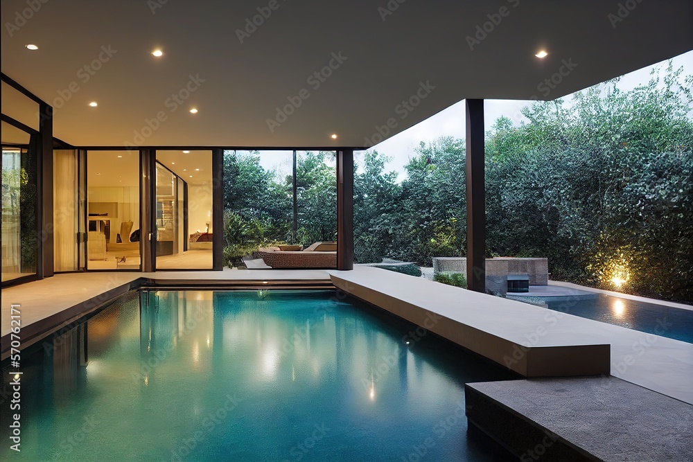 Modern patio outdoor with swimming pool. Modern house interior and ...