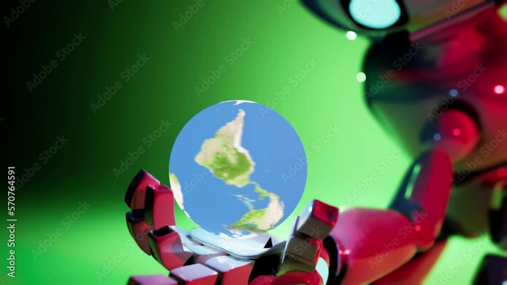 Vidéo Stock robot closeup animation with rotating earth globe on hand ...
