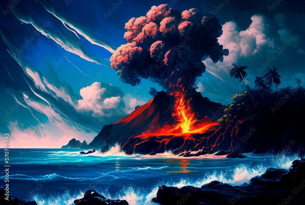 Volcanic eruption on the island, cartoon style illustration, acrylic ...