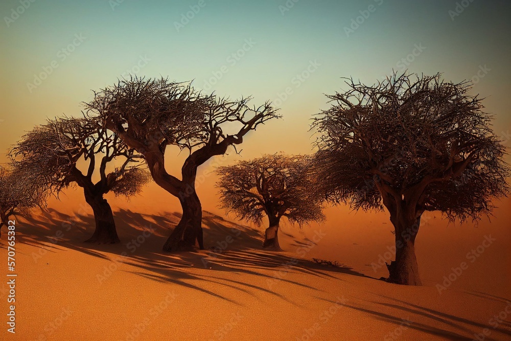 Acacia tree and wild ghaf trees on a sandy desert in Al Madam buried ...