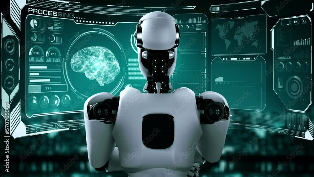 Thinking AI hominoid robot analyzing hologram screen showing concept of ...