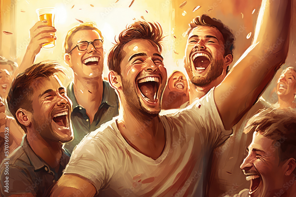 Good times - Smiling male friends having a beer blast at a packed bar ...