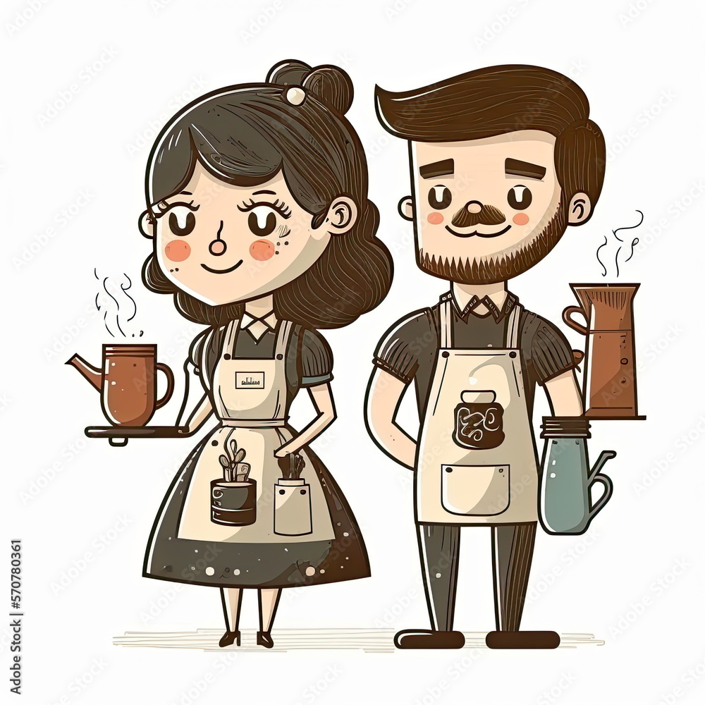 happy cartoon couple barista in apron , coffee lover, white background ...