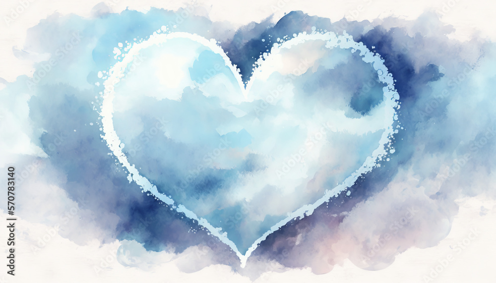 Watercolor of a cloud heart in the sky, blue color love symbolic ...