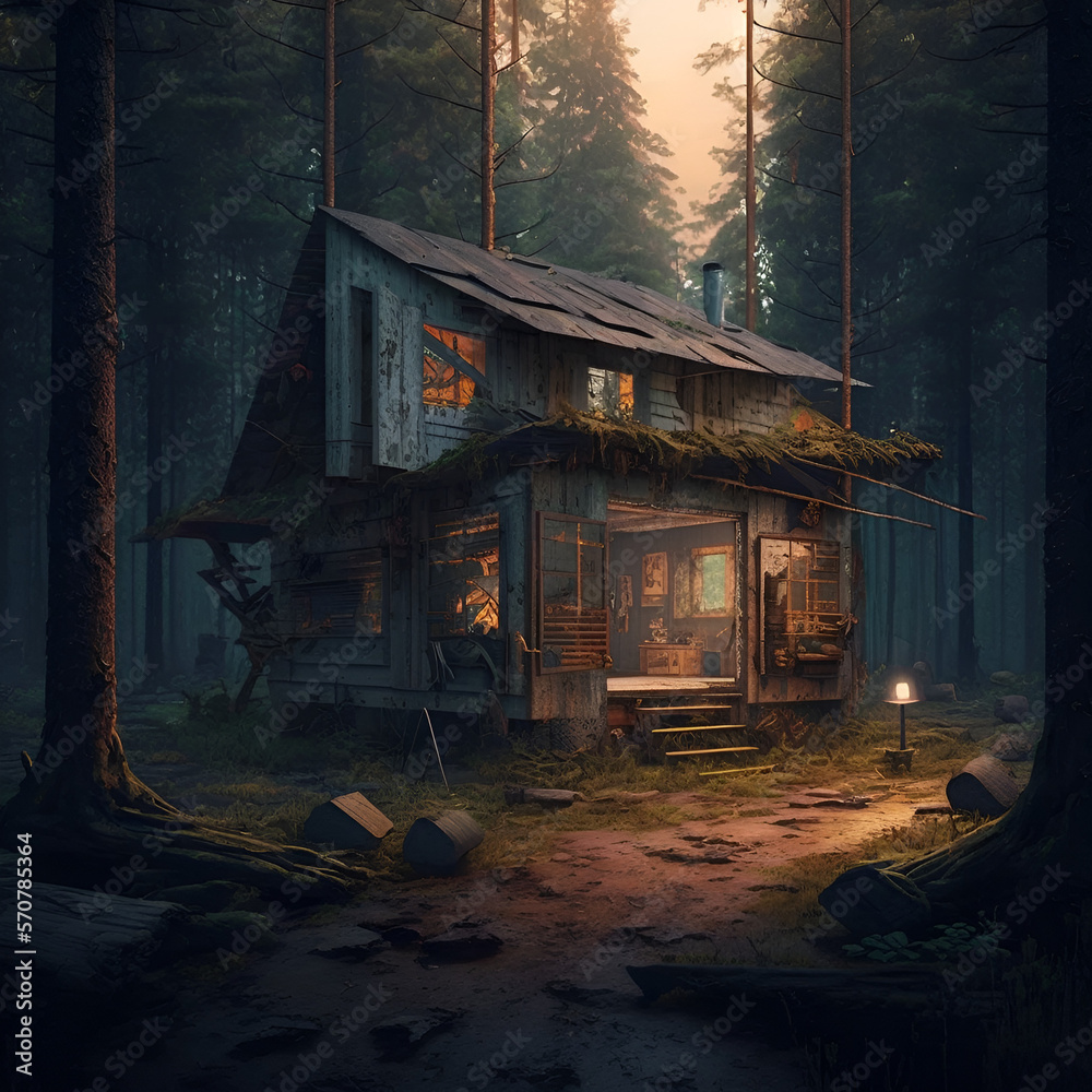 abandoned house in the forest,wooden cabin in forest, realistic, post-apocalyptic Stock ...