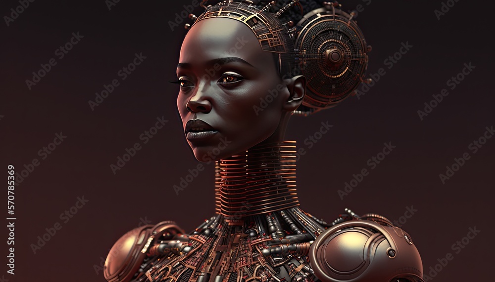 Futuristic beautiful African black warrior woman android robot. Tribal ...