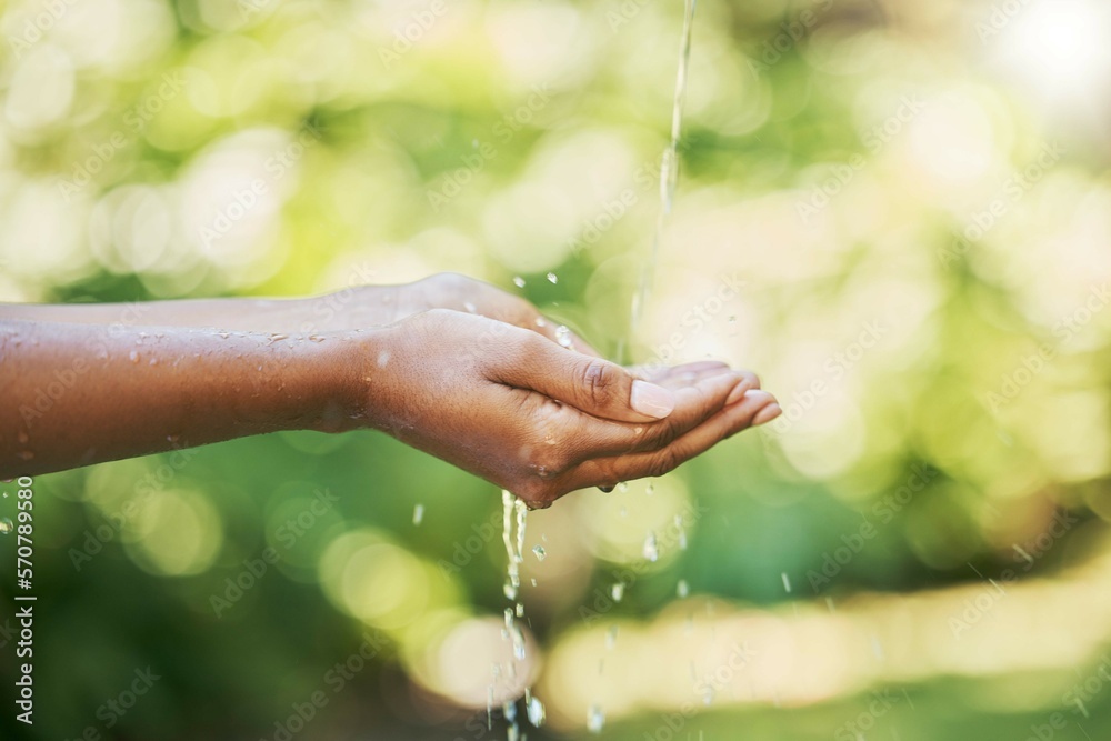 Hands, water and sustainability or cleaning for hydration, wash or ...