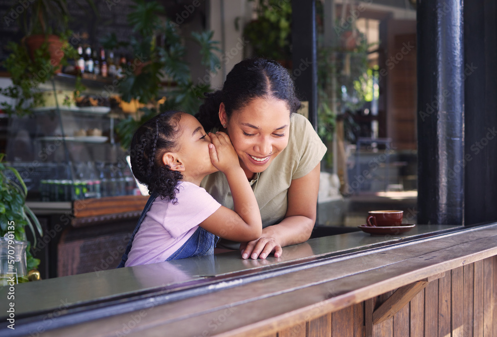 Secret, children and a black family in a coffee shop with a girl ...