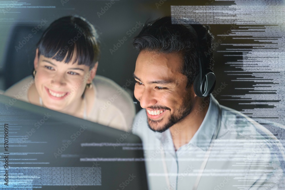 Man, woman and pc in night with overlay, smile and coaching for tech ...