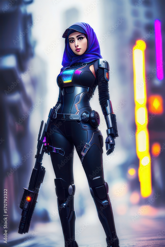 Pretty Sci-Fi Cyborg Woman Soldier Wearing Blue Hijab Head Wrap Out of ...