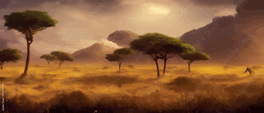 African savanna. Grass, acacia trees and river. Realistic vector ...