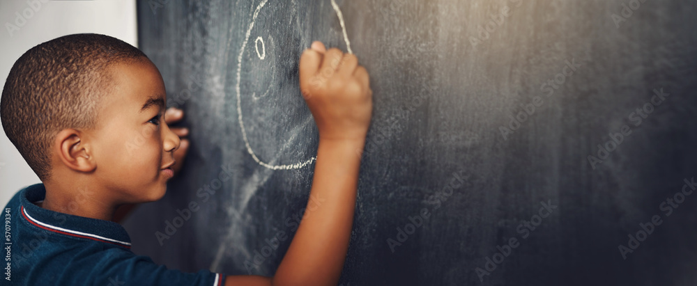 School, chalk and boy drawing on a board for child development ...