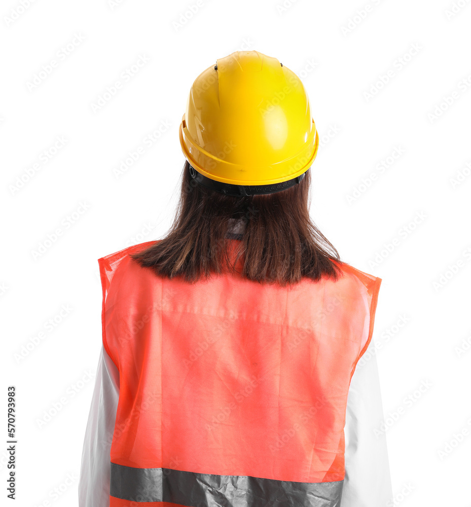 Female worker in vest and hardhat on white background, back view Stock ...