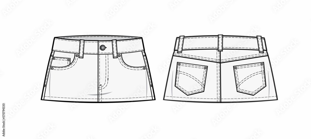 flat illustration of a low-waist denim mini skirt with five pockets, a ...