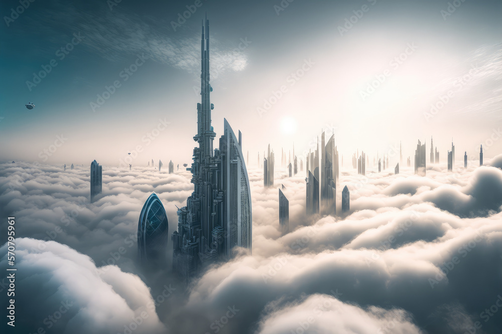 Top of skyscrapers building high above the clouds in the morning ...