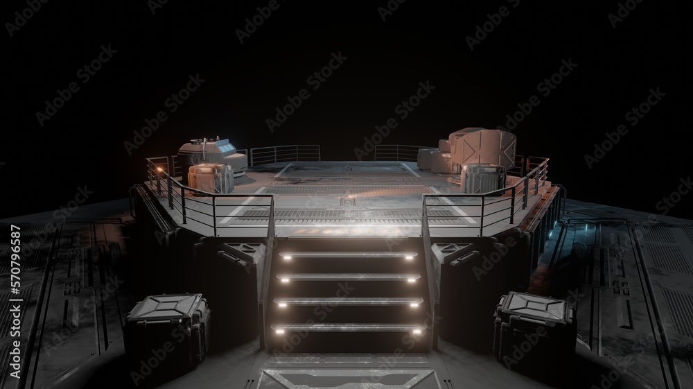 Sci-fi G floor laboratory control room with lighting in dark scene 3d ...