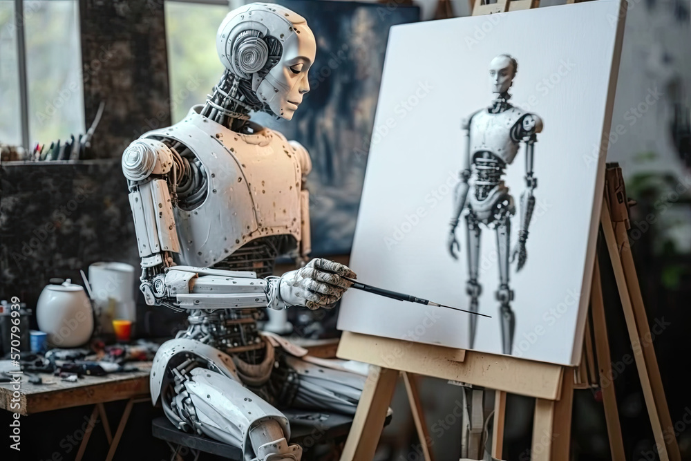 Humanoid AI robot working in an art studio painting a picture, Art ...
