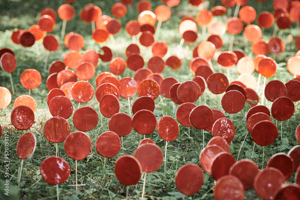 Foto de Red lollipops on stick against green grass, outdoor land art ...