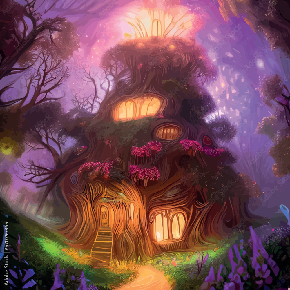 Fairy-tale house in a tree with a roof intertwined. Square flat cartoon ...