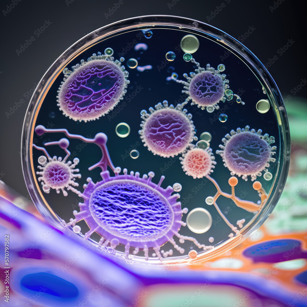 Macro close up shot of bacteria and virus cells in a scientific ...
