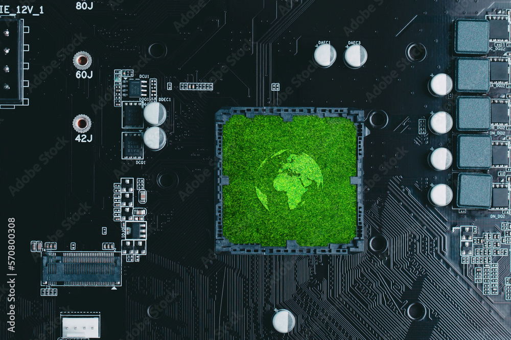 Concept of green technology. green world icon on circuit board ...