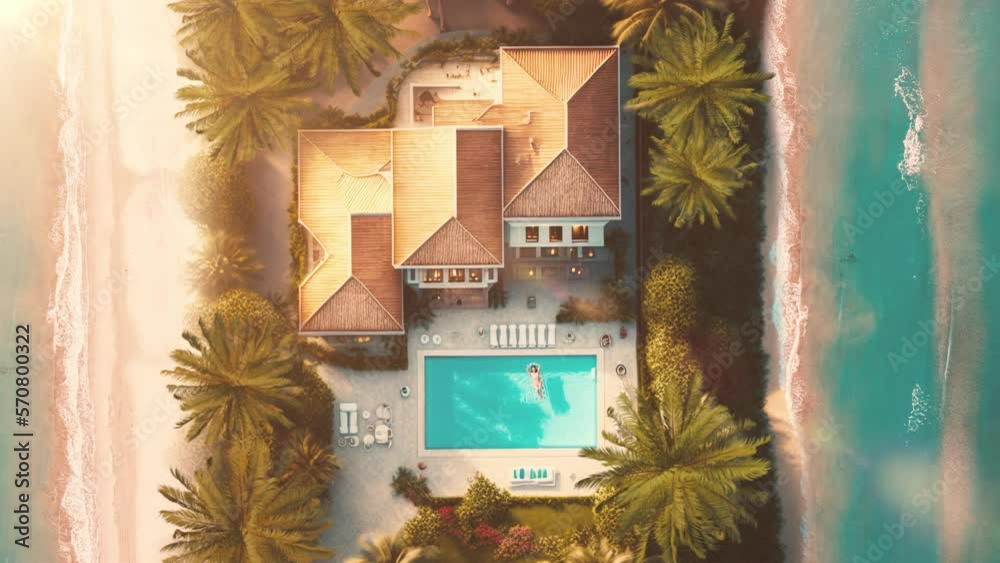 3D visualisation and aerial view of luxury villa with sea view. Stock ...