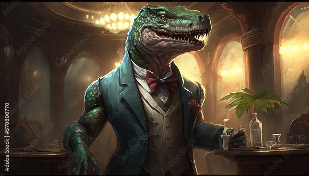 Dinosaur in a suit, very elegant, in the style of final fantasy tactics ...