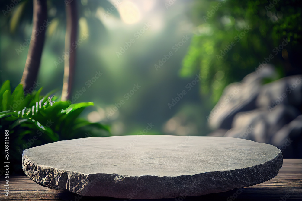 Empty stone table for product advertising display in fresh green jungle ...
