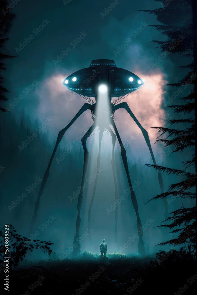 Man in front of a terrible alien tripod, under a bright white spotlight ...