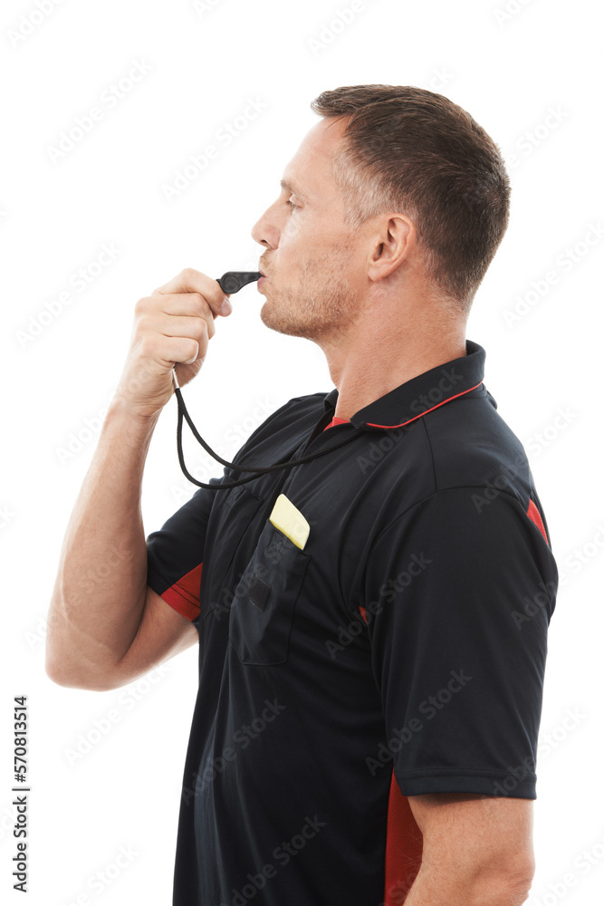 Referee man, whistle and face profile with soccer foul and warning in ...