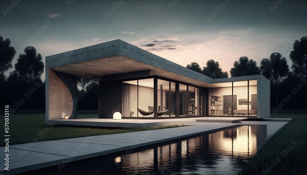 4K resolution or higher, new concrete house in modern style with pool ...