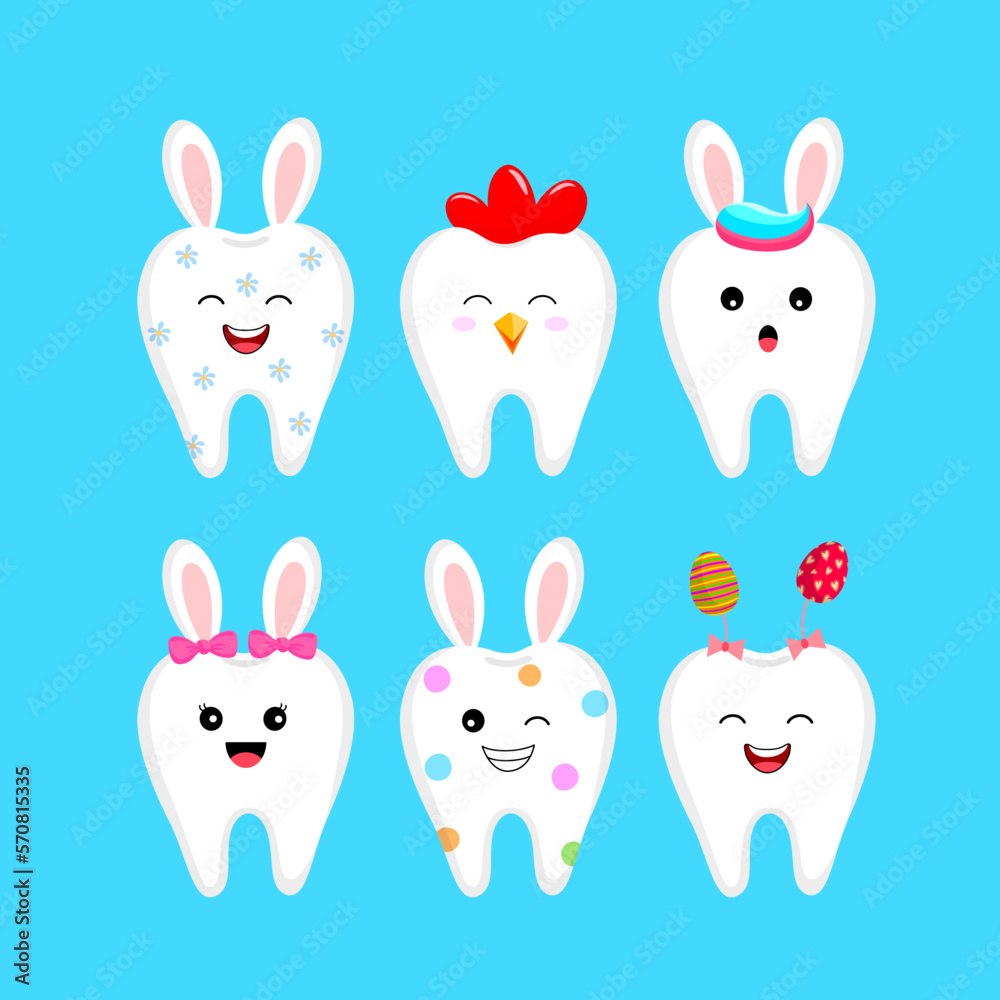 Cute cartoon tooth characters with rabbit ears decoration, hen tooth ...