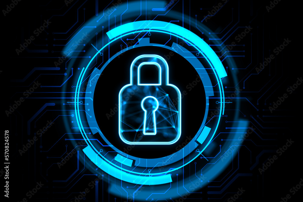 Security technology and management concept with digital blue pad lock ...