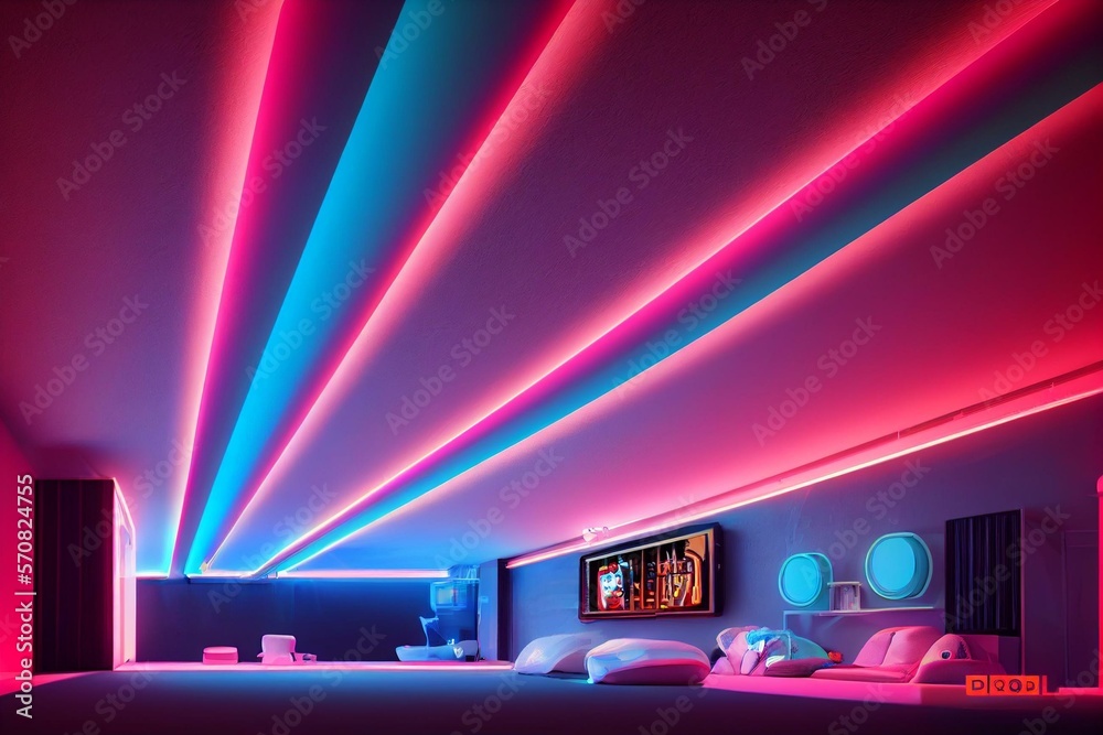 3d render - 80s retro neon futuristic inspired room, Memphis style ...