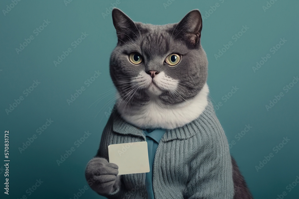 Studio photo portrait of a cat in business clothes showing credit card ...