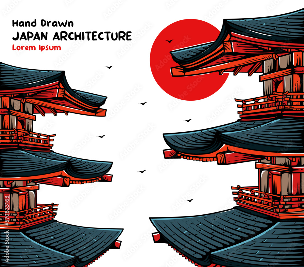 hand drawn japanese temple architecture wallpaper template for business ...