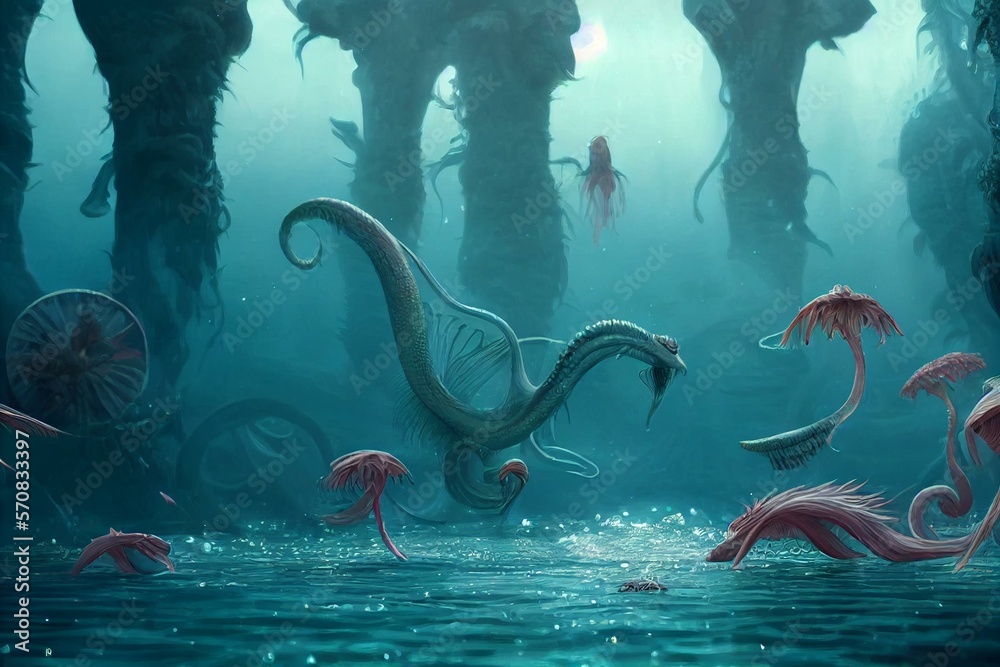 Fantasy creatures swimming and dancing under the water, alien monsters ...