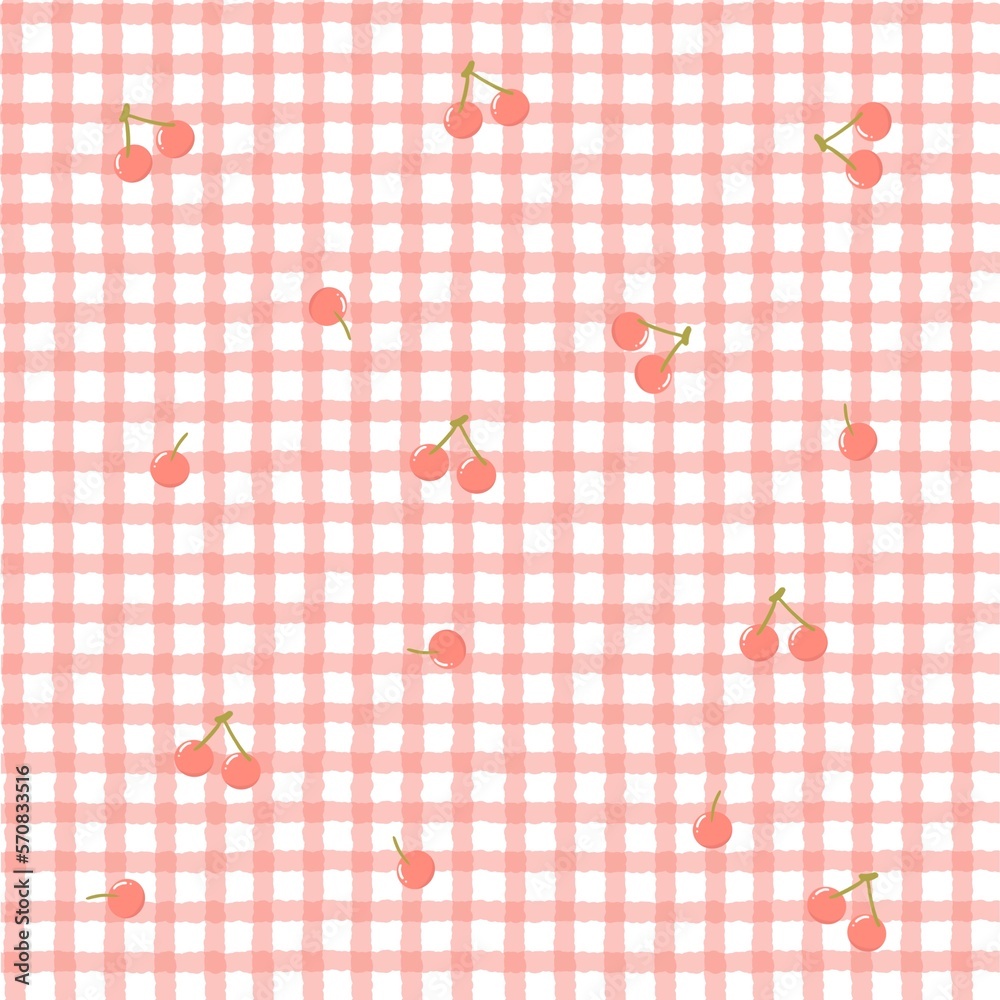 Cute pink Gingham pattern with cherry. for fabric design, wrapping ...