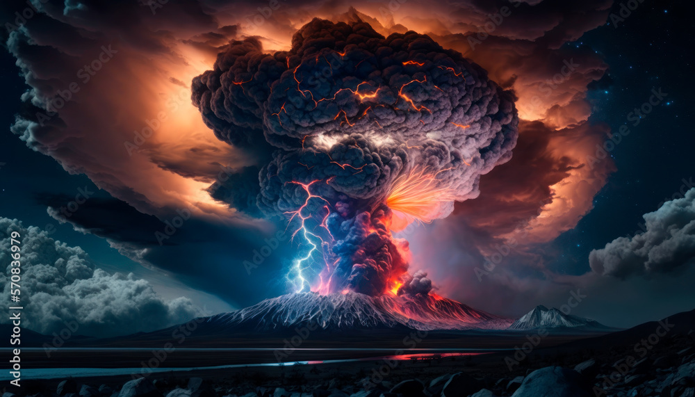 Lightning in ash cloud during a volcano eruption, generative ai Stock ...
