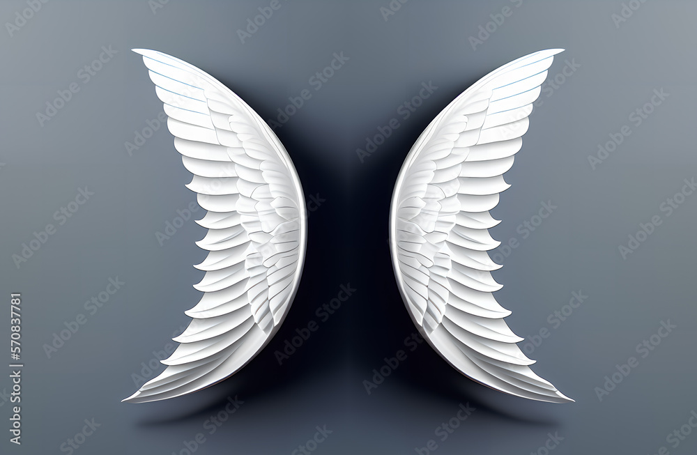 3d white two angel wings realistic mockup isolated background. Abstract ...