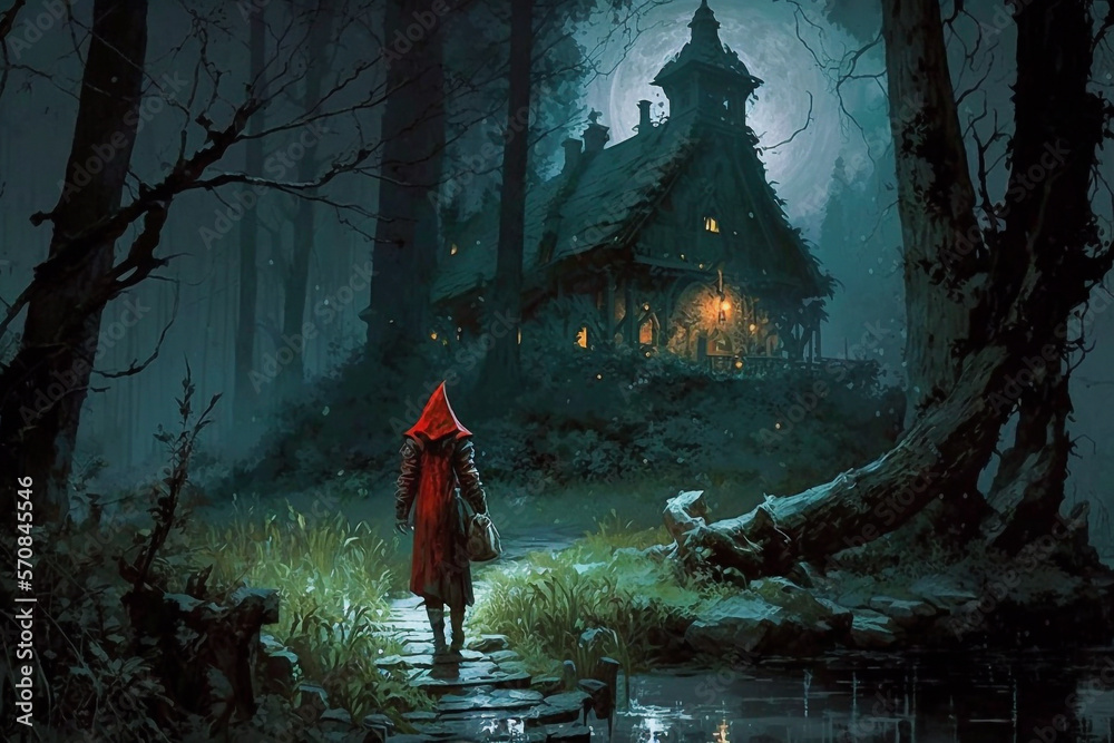 Illustration of Little Red Riding Hood arriving at her grandmother's ...