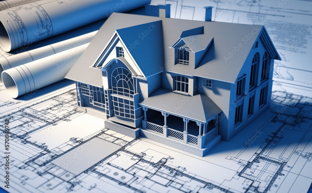 Blueprint designs and a home model for a construction project ...
