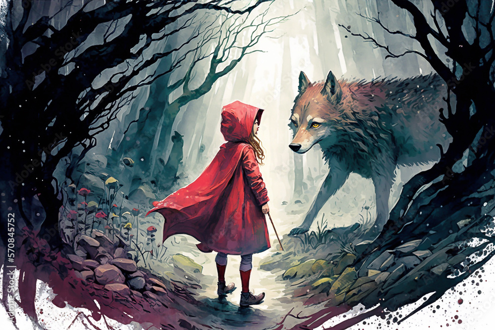 Little Red Riding Hood meets the wolf in the woods - AI generative ilustración de Stock | Adobe ...