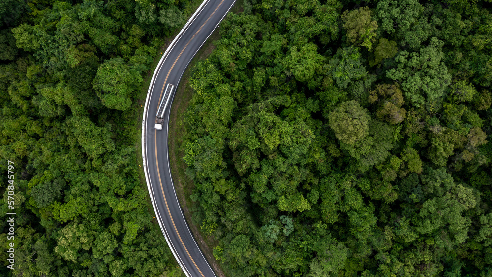Aerial top view commercial gasoline fuel truck driving through the ...
