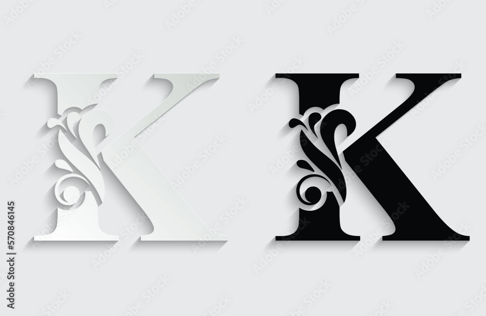 letter K. Black flower alphabet. Beautiful capital letters with shadow ...