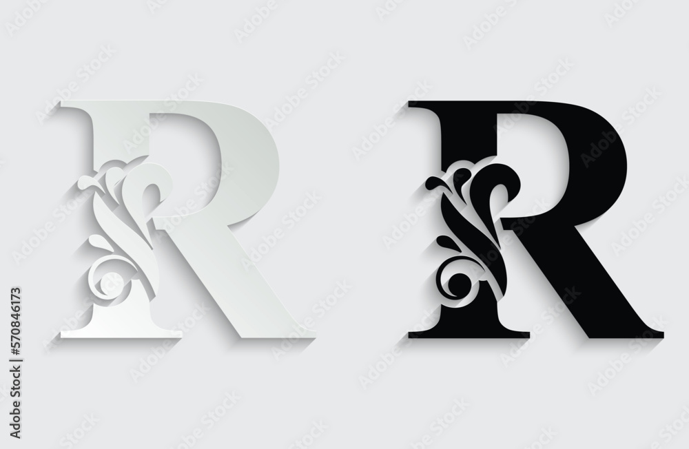 letter R. Black flower alphabet. Beautiful capital letters with shadow ...