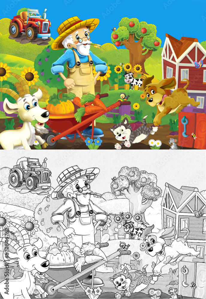 cartoon farm ranch scene with farmer boy different animals and pumpkins ...